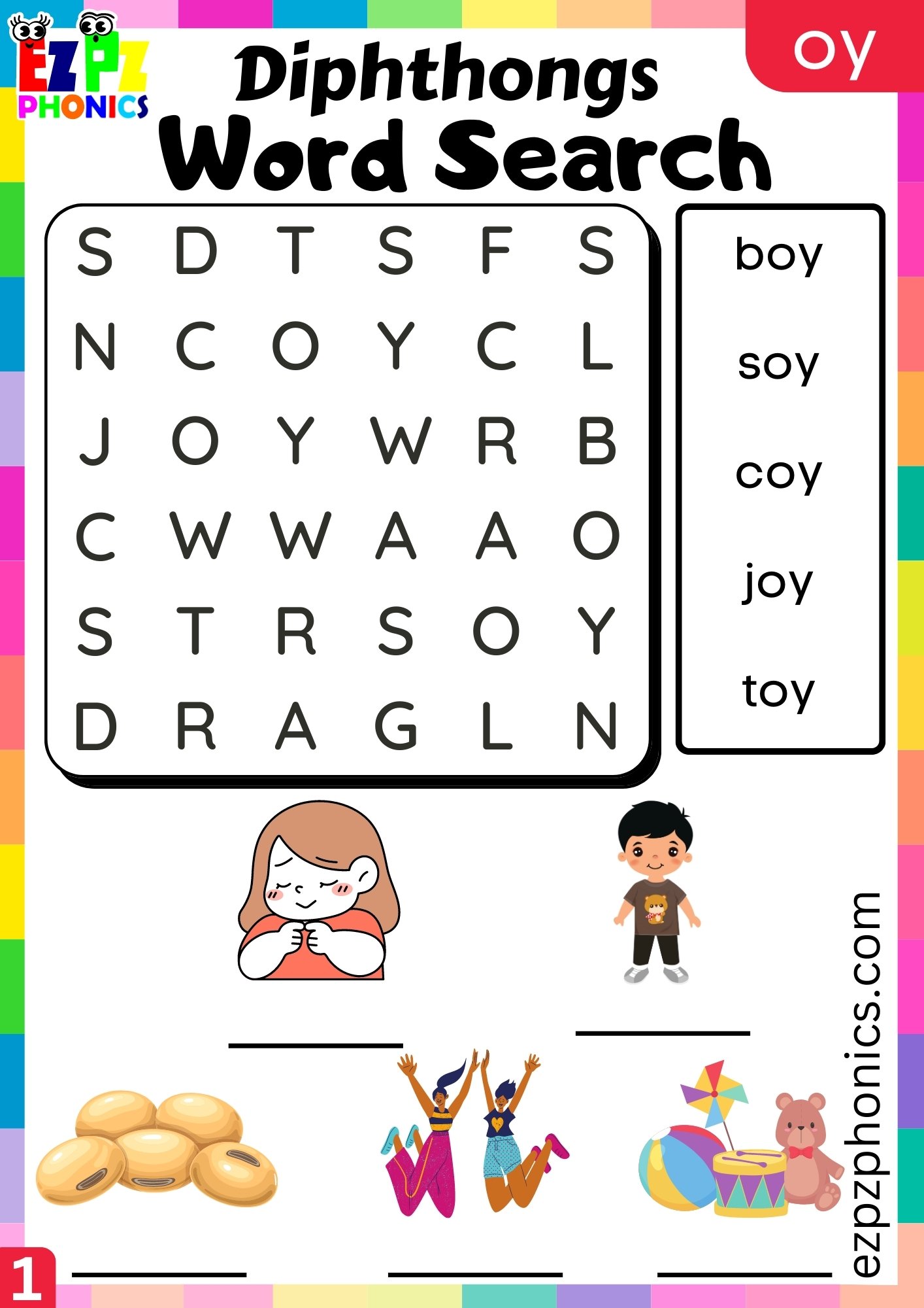 oy Diphthongs Word Search Write and Find the Words Worksheet - ezpzphonics.com